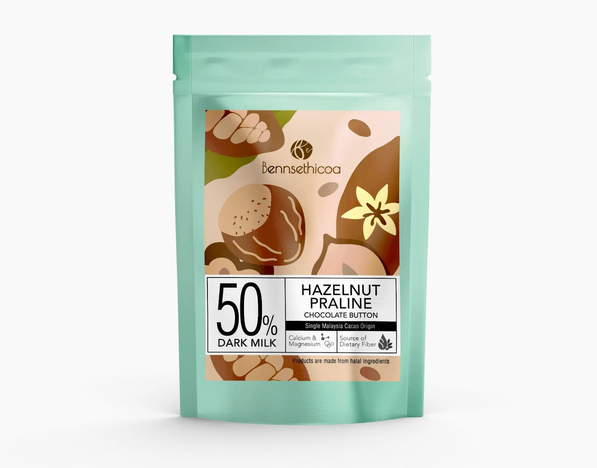 50% Dark Milk Hazelnut Praline Chocolate Buttons – Benns Ethicoa